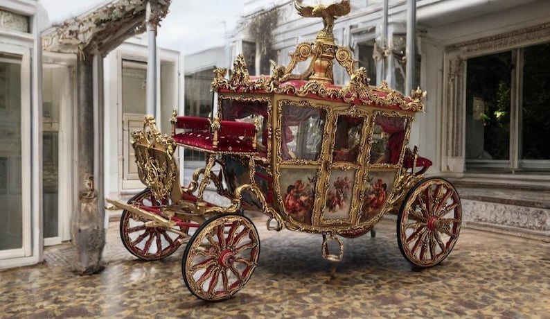 Handcrafted Royal Gold Carriage – Baroque Horse-drawn Coach, Velvet ...