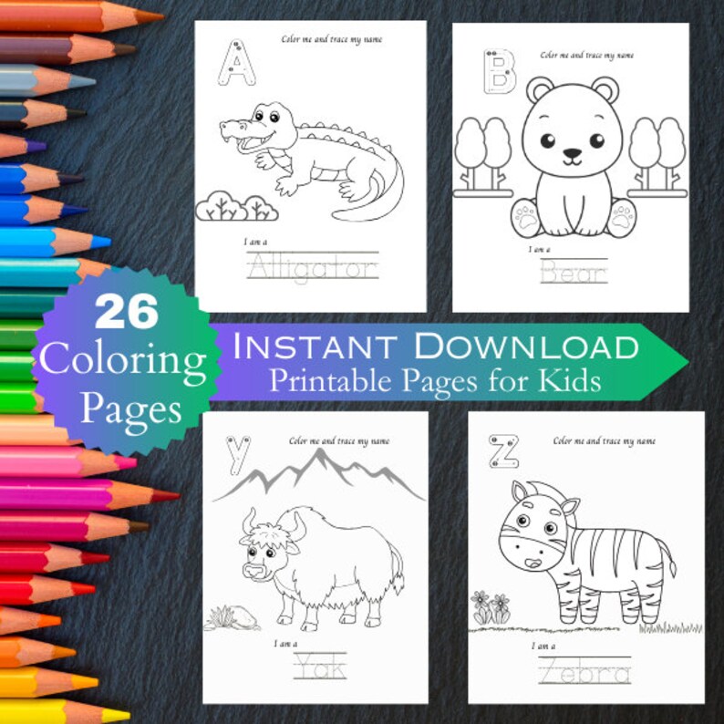 Printable A to Z Animal Coloring Page's for Kids. 26 Coloring Page's ...