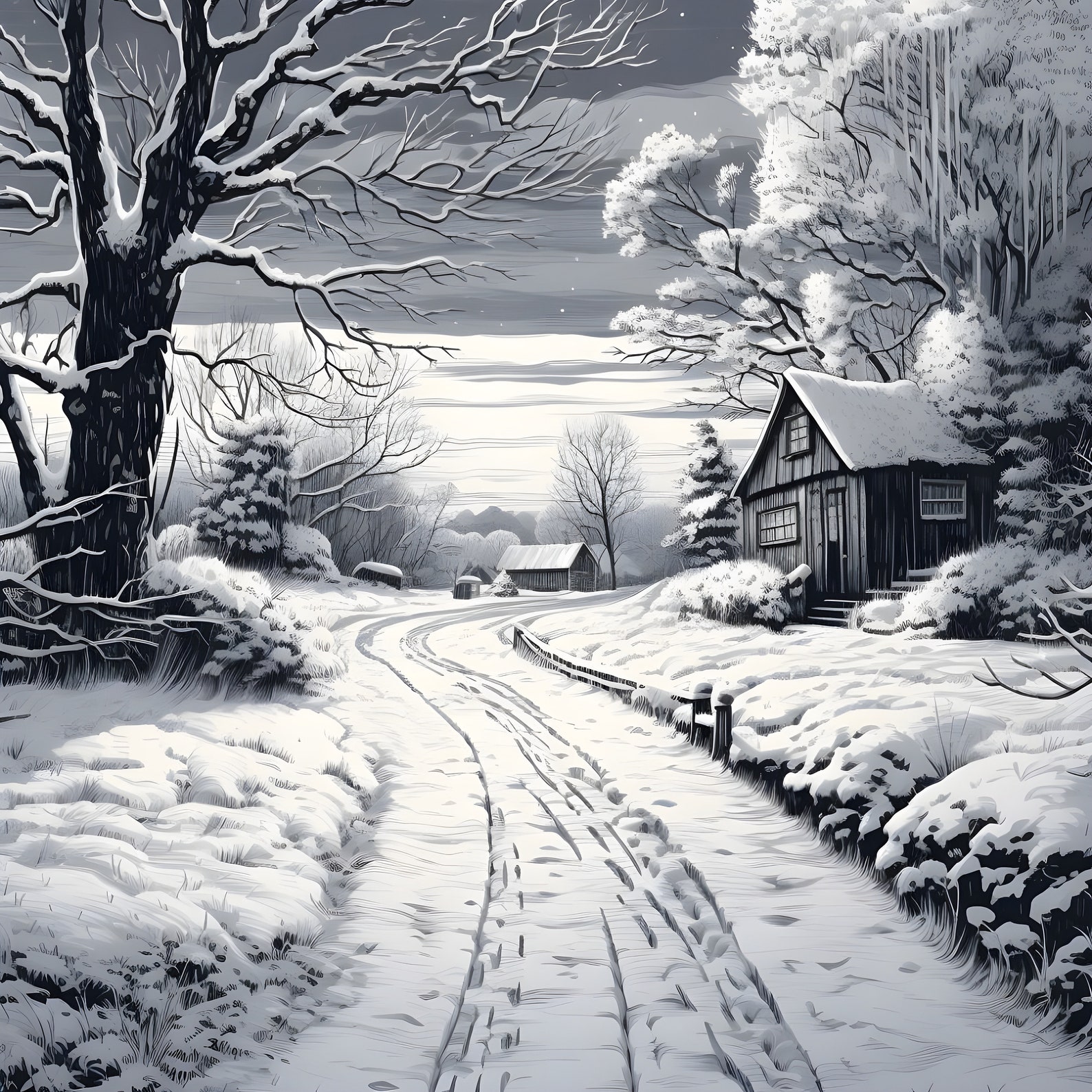 Digital Art Beautiful Black and White Snowy Scene for Winter and ...