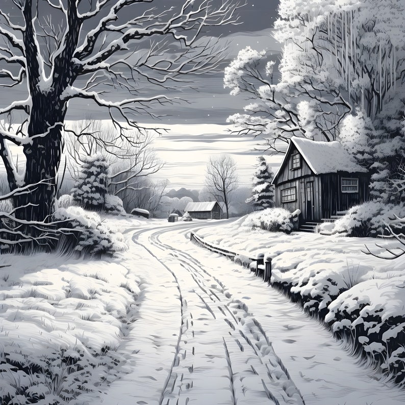Digital Art Beautiful Black and White Snowy Scene for Winter and ...
