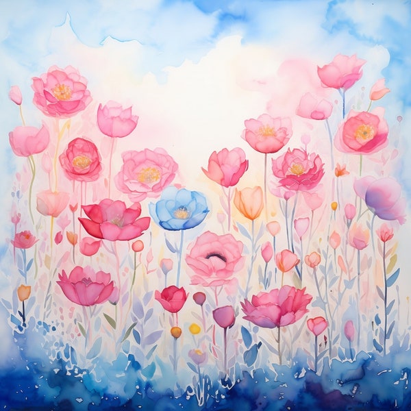 Digital Art Delicate Watercolor Flowers With Pinks and Blues Dainty ...