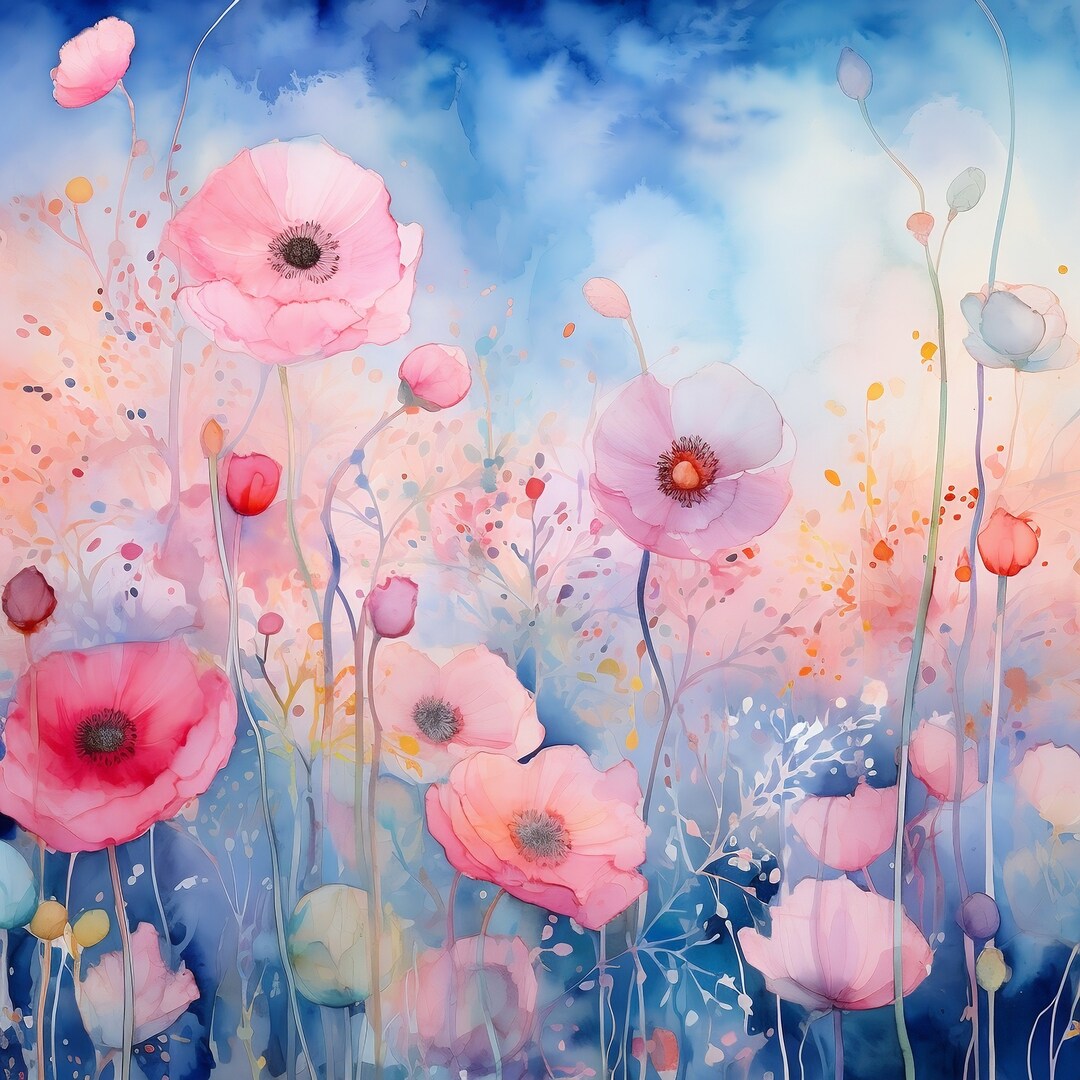 Digital Art Delicate Watercolor Flowers With Pinks and Blues Dainty ...