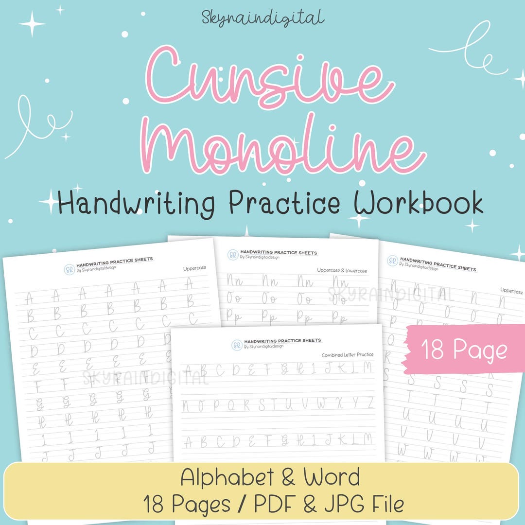 Cursive Handwriting Practice Workbook: Monoline Script (PDF & JPG) - Etsy