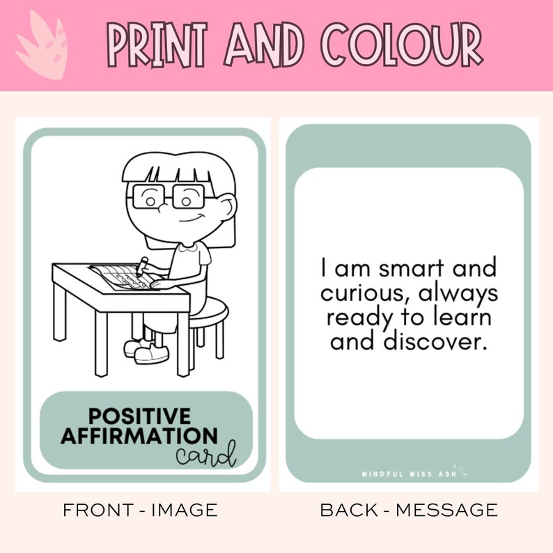 Positive Affirmation Cards for Kids Printable mindset Cards Colour in ...