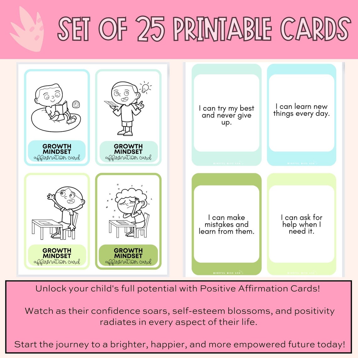 Growth Mindset Cards for Kids Printable Colour in Set Ages 5-8 Positive ...