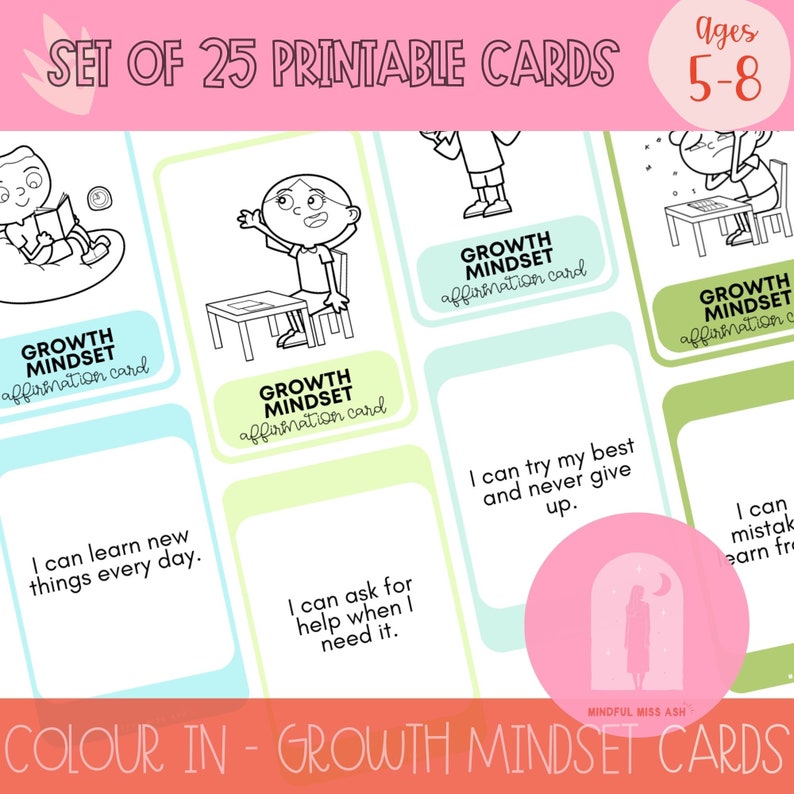 Growth Mindset Cards for Kids Printable Colour in Set Ages 5-8 Positive ...