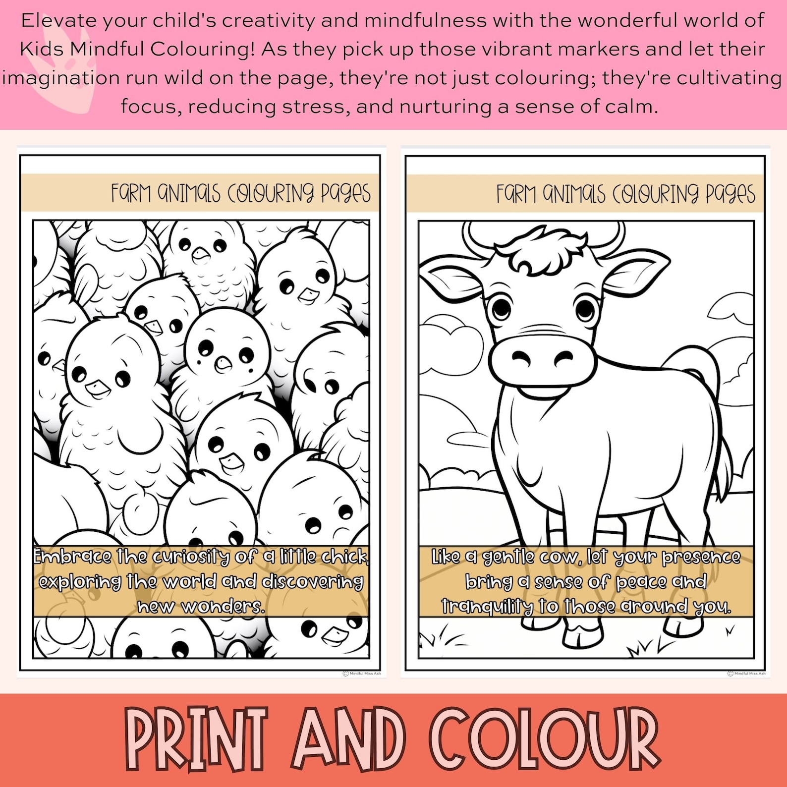 Farm Animal Mindful Colouring Pages X 20 With Positive Affirmations for ...