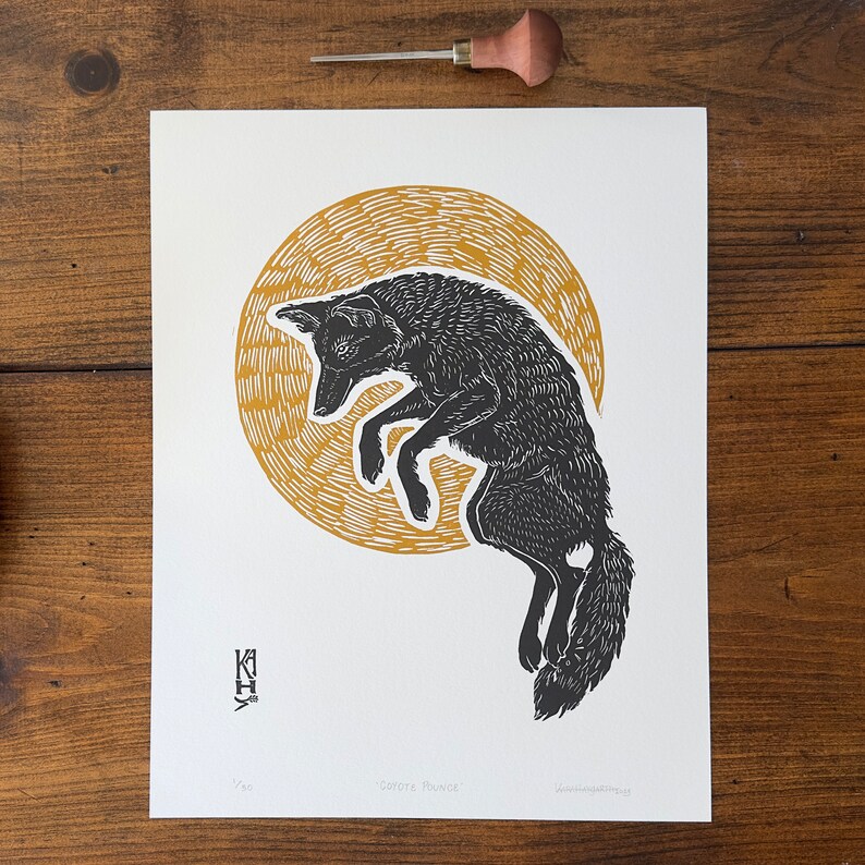 Coyote Pounce Art Linocut 11x14 Print in Black and Yellow Ochre ...
