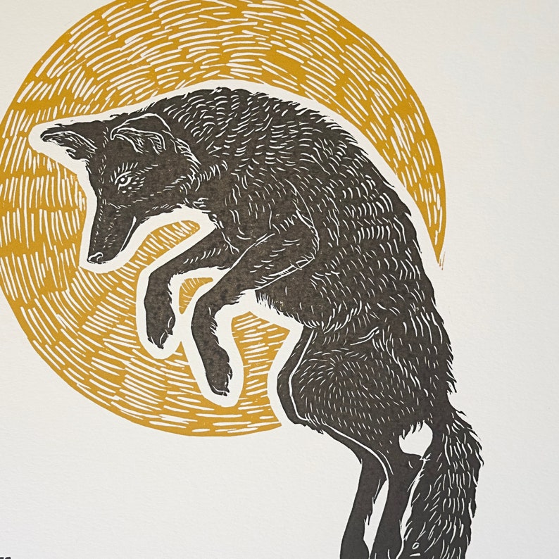 Coyote Pounce Art Linocut 11x14 Print in Black and Yellow Ochre ...