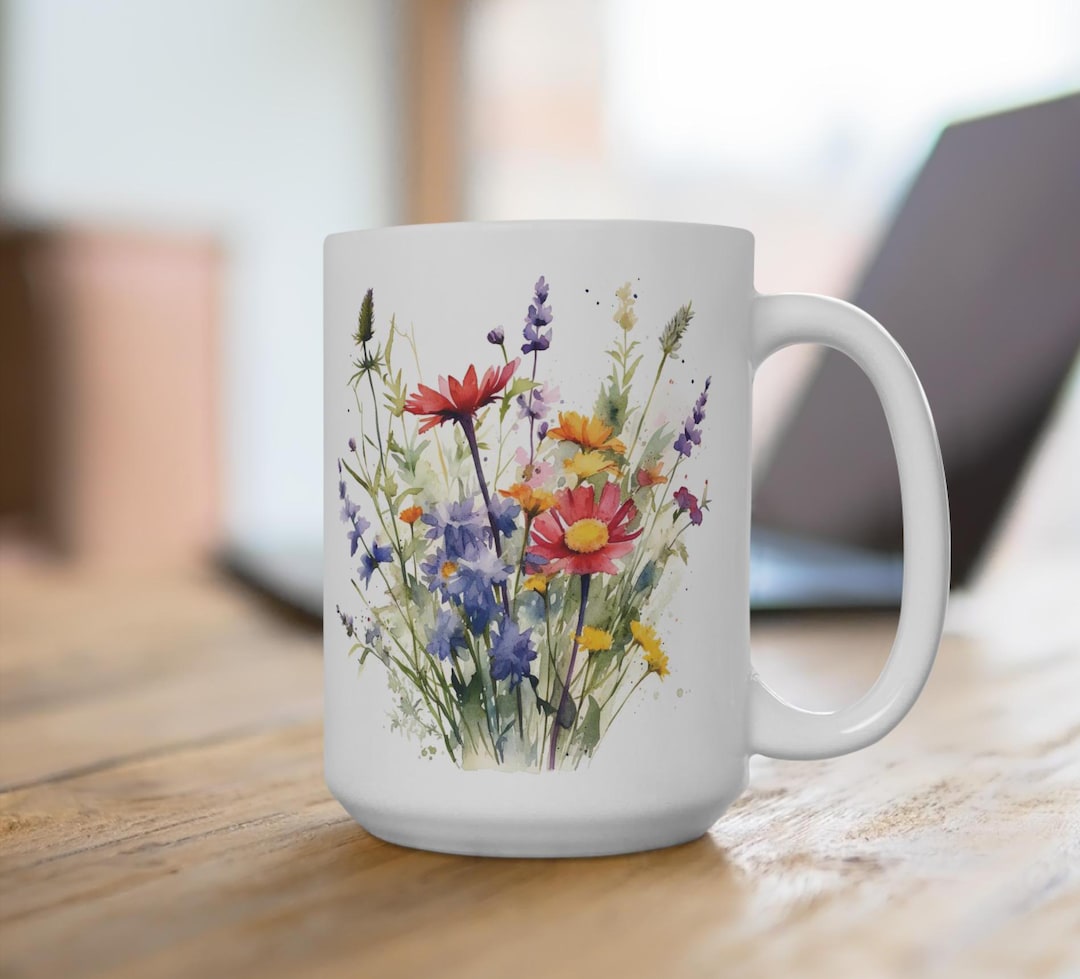 Wildflowers Mug, Watercolor Flower Mug, AI Art, Florist Mug, Botanical ...