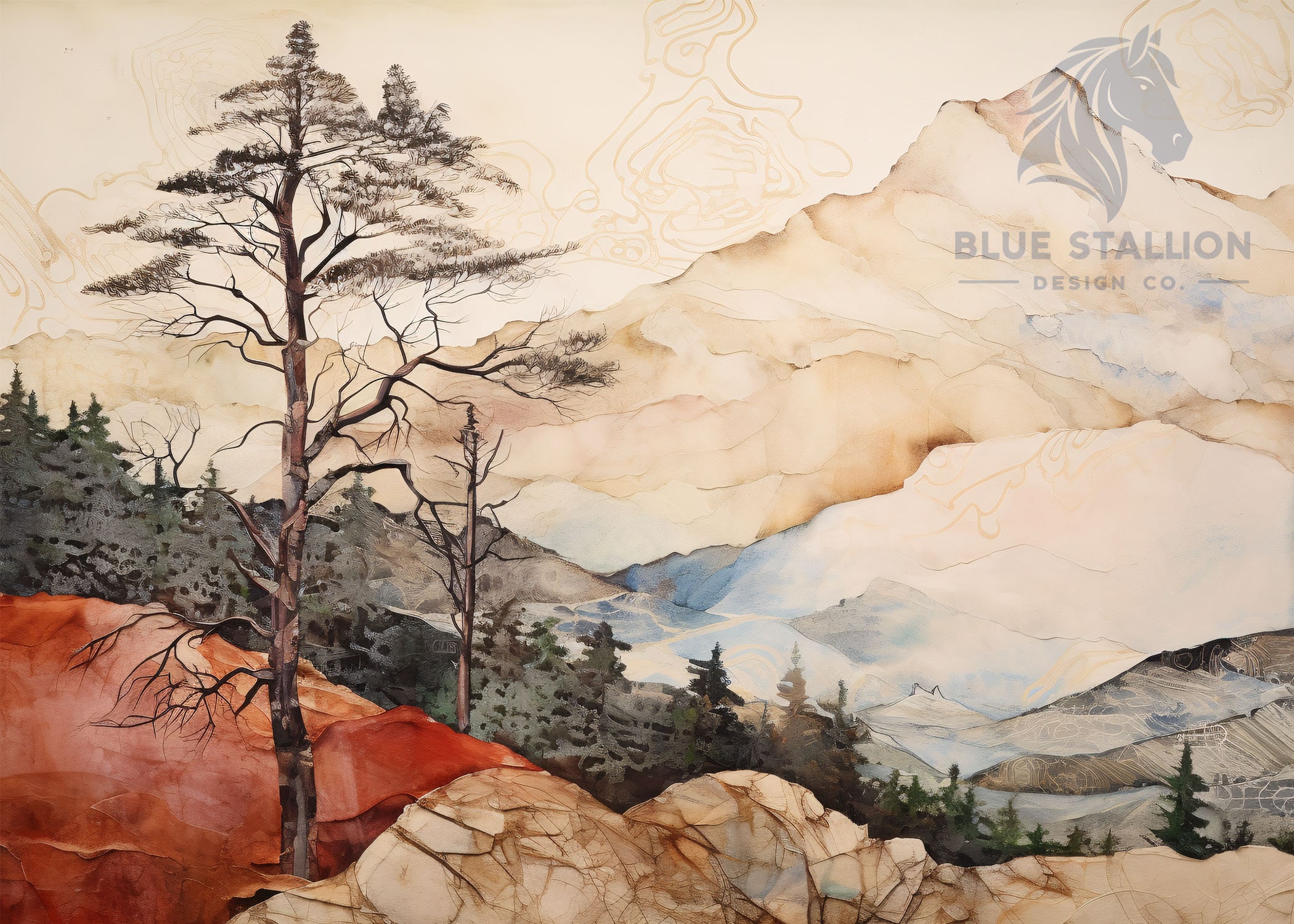 Printable Mountainside Mixed Media Wall Art, Digital Download - Etsy