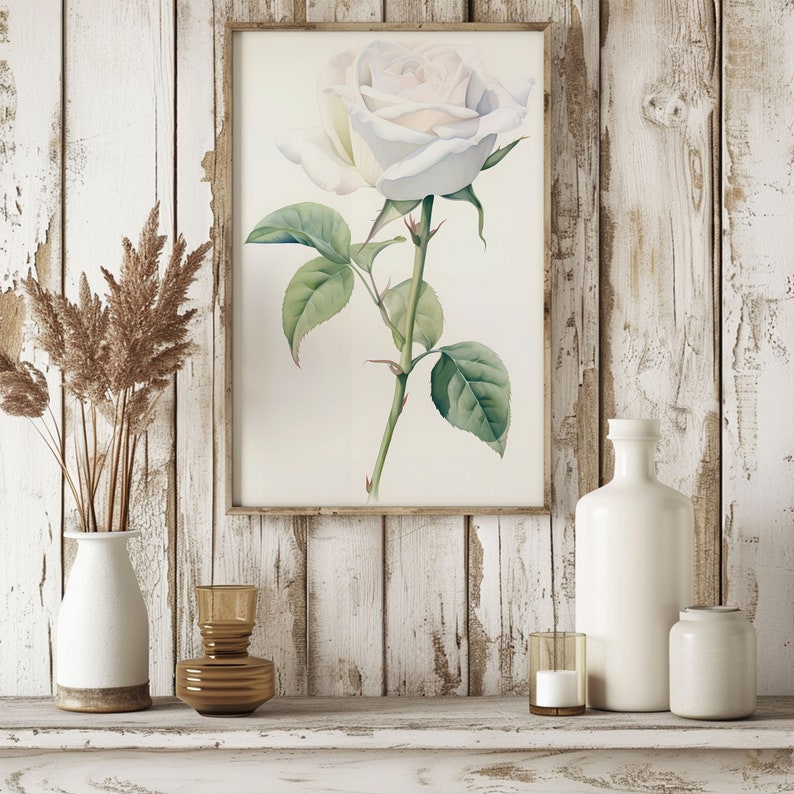 Printable White Rose Watercolor Painting, Botanical Wall Art, Digital ...