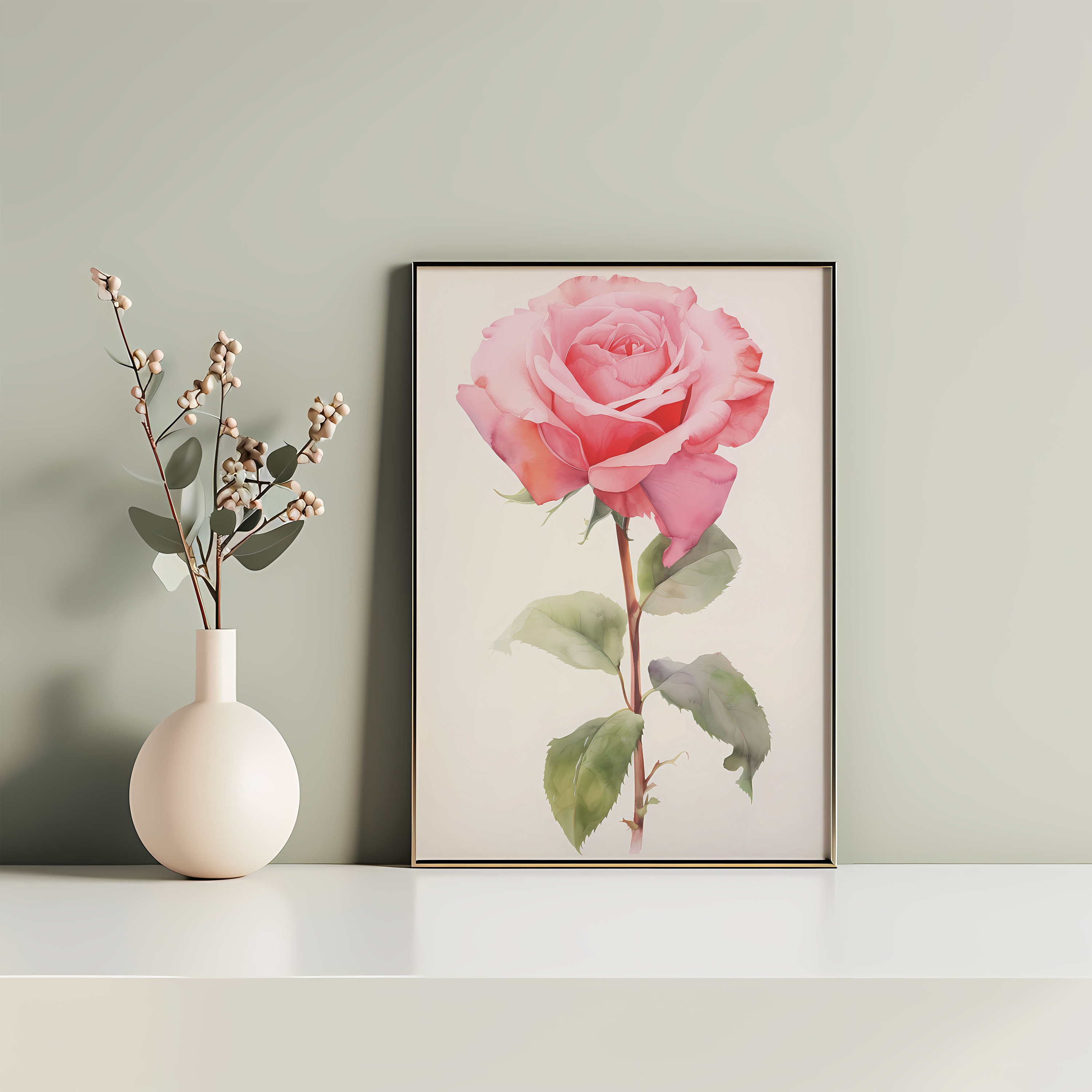 Printable Pink Rose Watercolor Painting, Botanical Wall Art, Digital ...