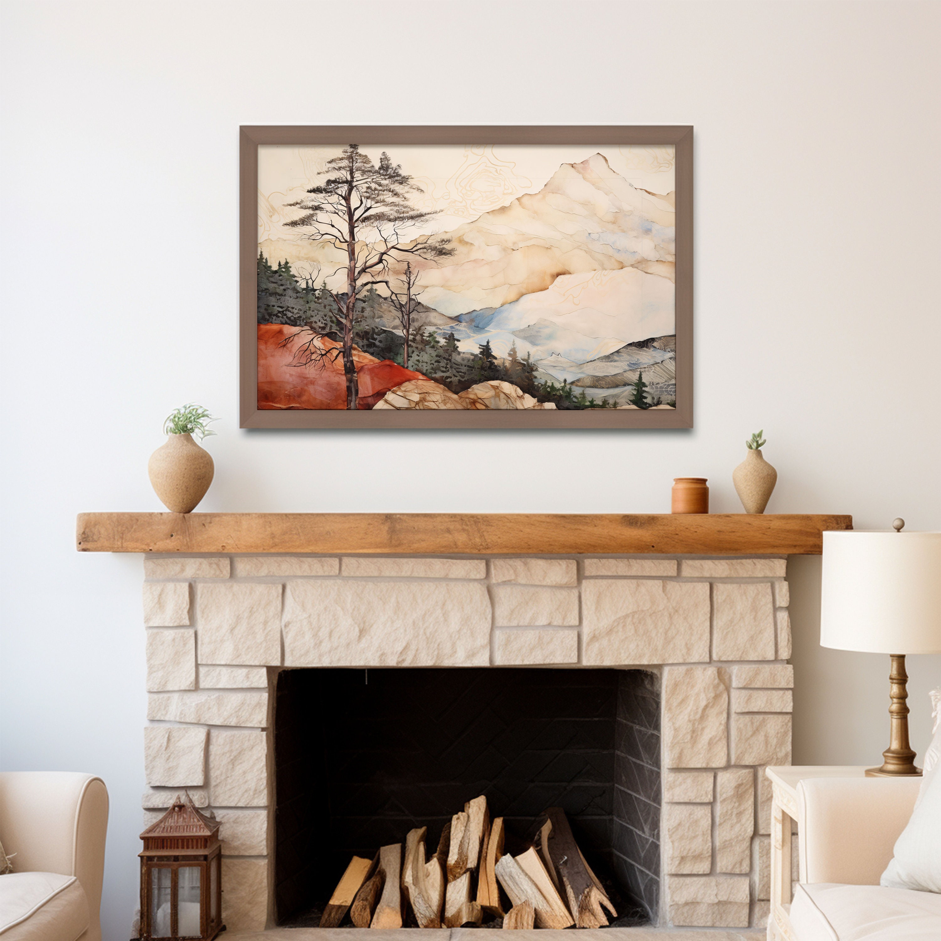 Printable Mountainside Mixed Media Wall Art, Digital Download - Etsy