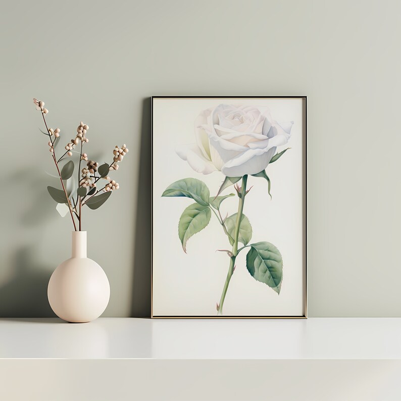 Printable White Rose Watercolor Painting, Botanical Wall Art, Digital ...