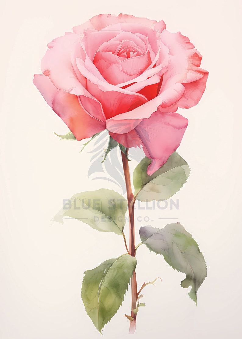 Printable Pink Rose Watercolor Painting, Botanical Wall Art, Digital ...
