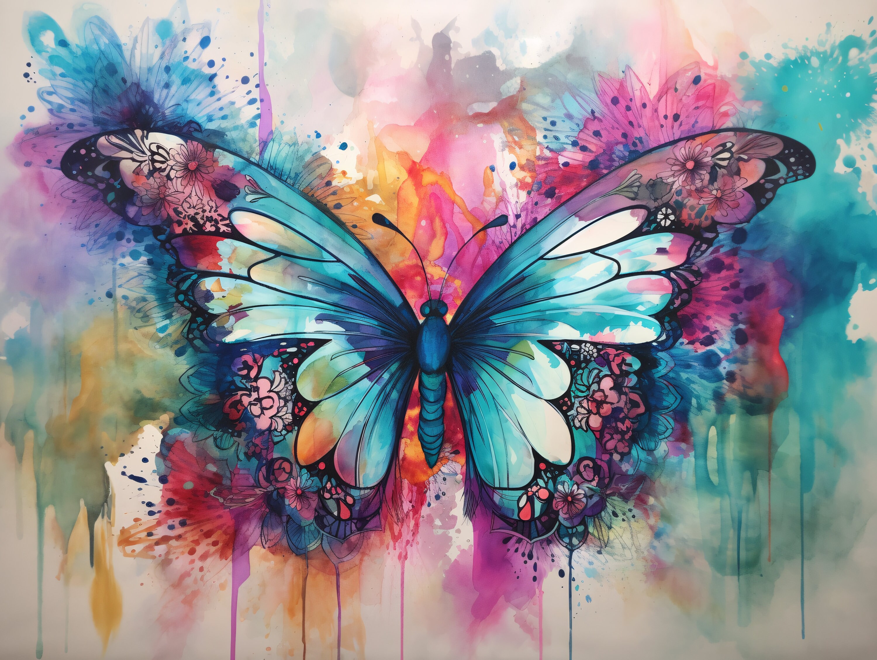 Printable Rainbow Butterfly Alcohol Ink Painting, Vibrant Colorful Wall ...