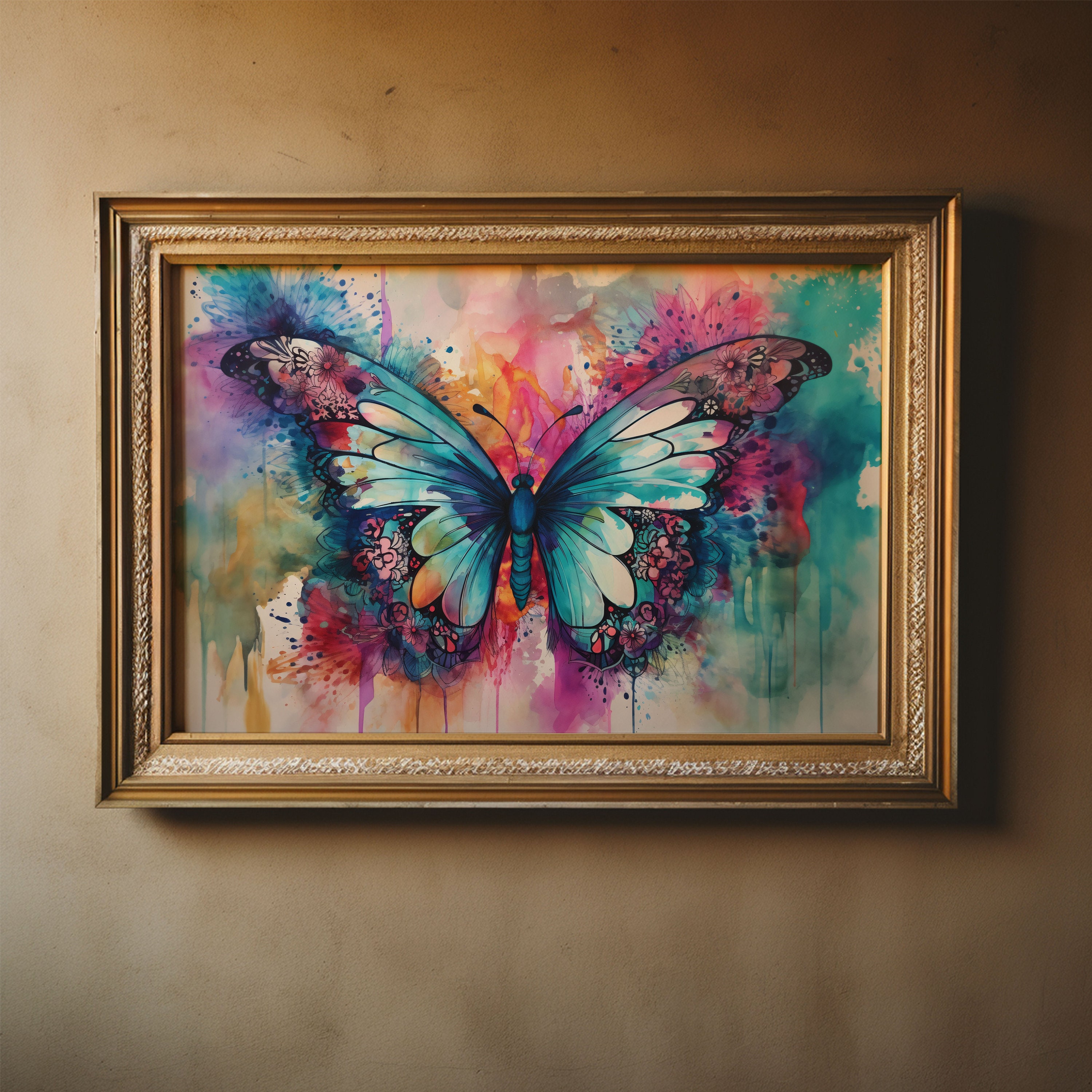 Printable Rainbow Butterfly Alcohol Ink Painting, Vibrant Colorful Wall ...