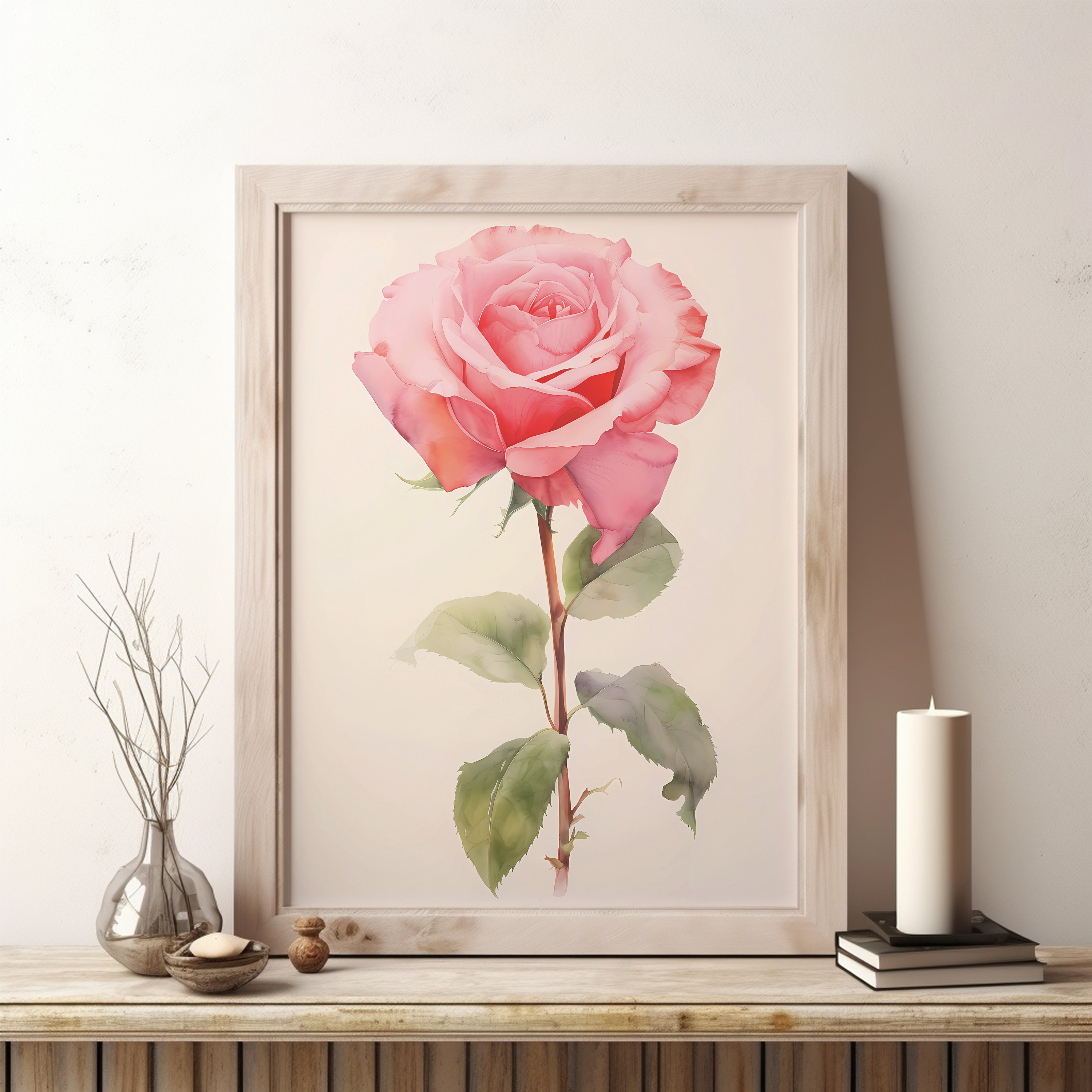 Printable Pink Rose Watercolor Painting, Botanical Wall Art, Digital ...