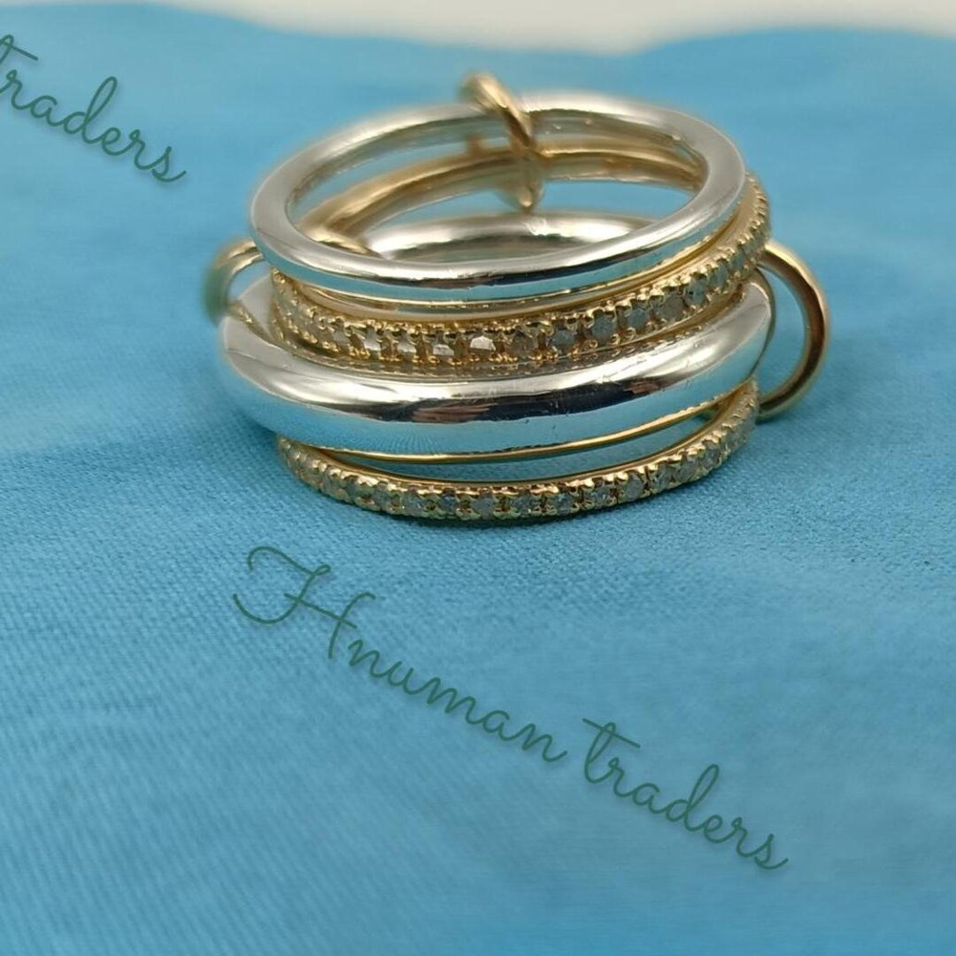 14K Connector Ring, Gold Stacking Band Ring, Pave Multi Link Band Ring ...