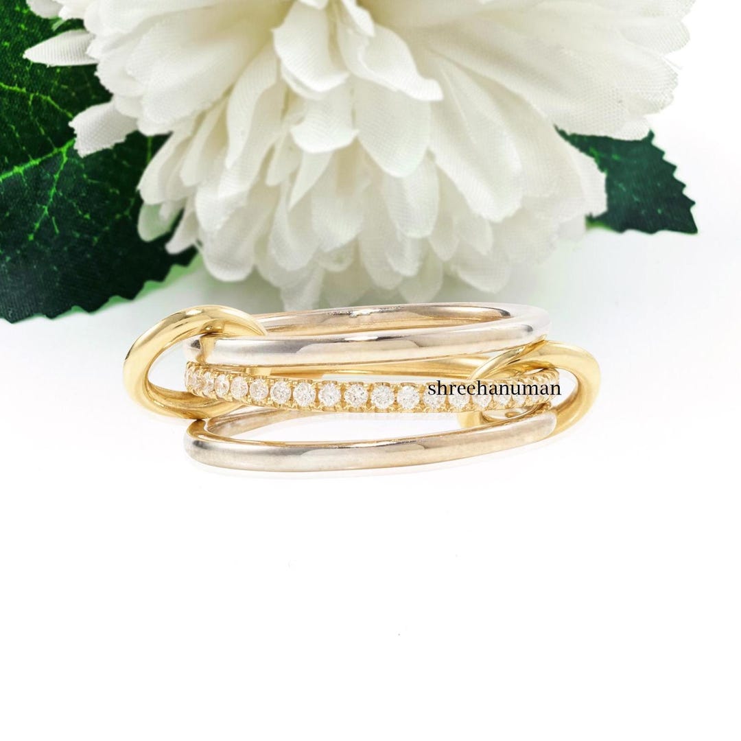 14K Gold and White Gold Multi Link Connected Ring, Stacking Rings With ...