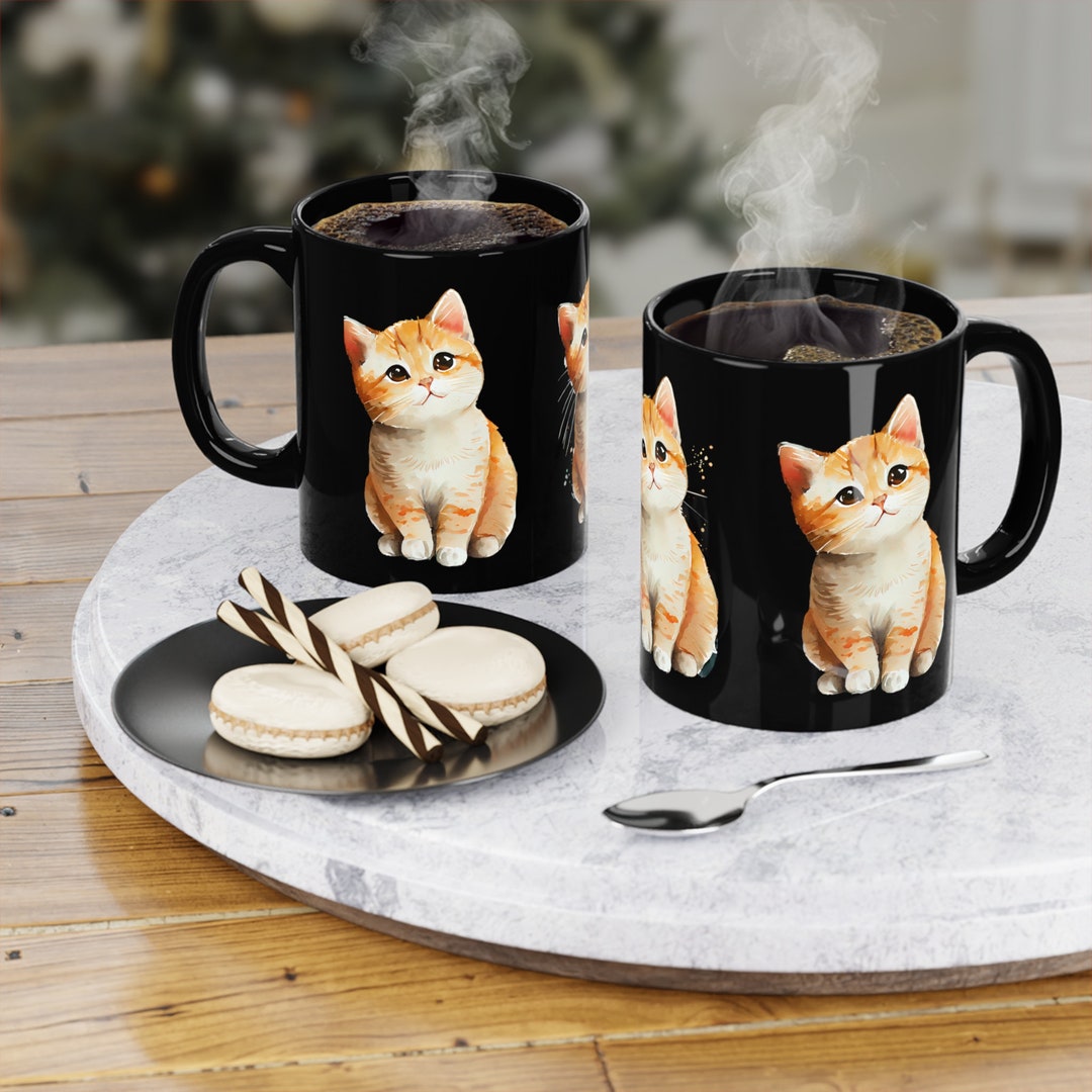 Black Cat Coffee Mug, Cat Coffee Mug, Cat Lover Gift, Cat on Black Mug ...