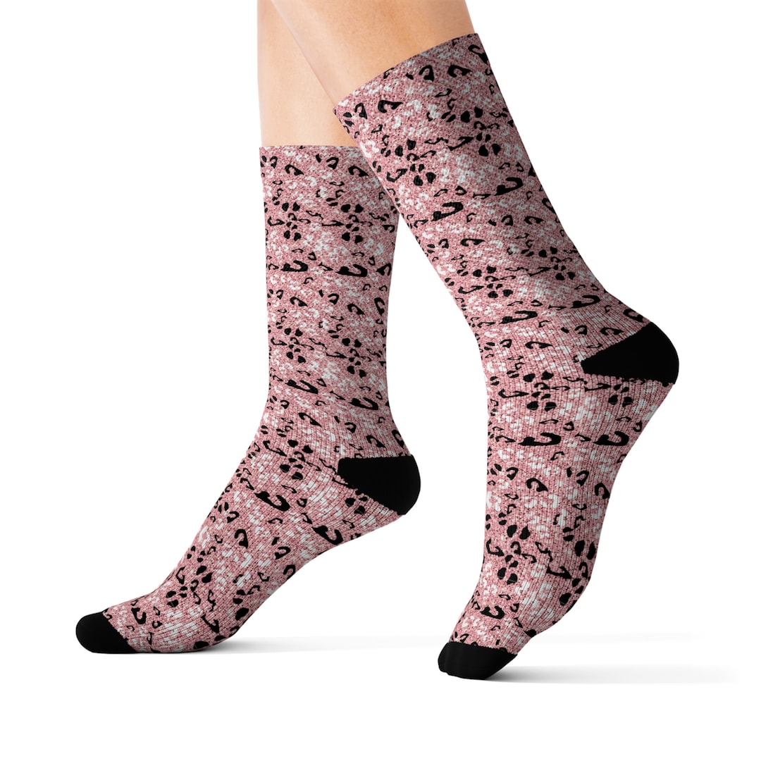 Pink and Gold Leopard Print Socks, Leopard Dress Sock, Soft Crew Socks ...