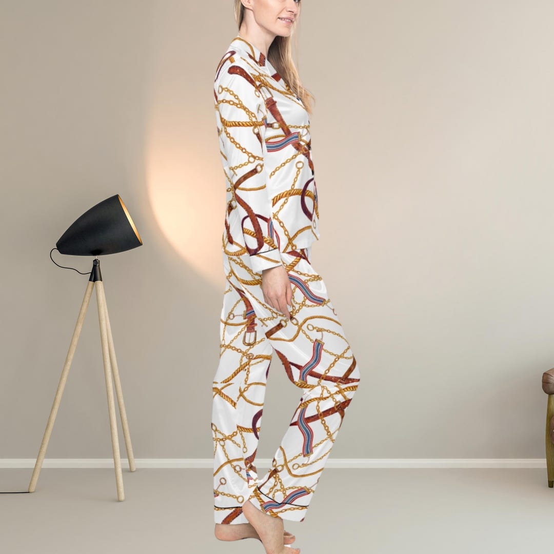 Long Satin Pajama Set; Golden Chain Luxury Sleepwear; Belt Glamour ...