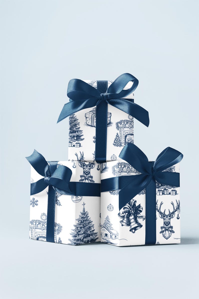 Blue and White Christmas Gift Wrap Roll, Holiday Gift Wrap Sheets ...