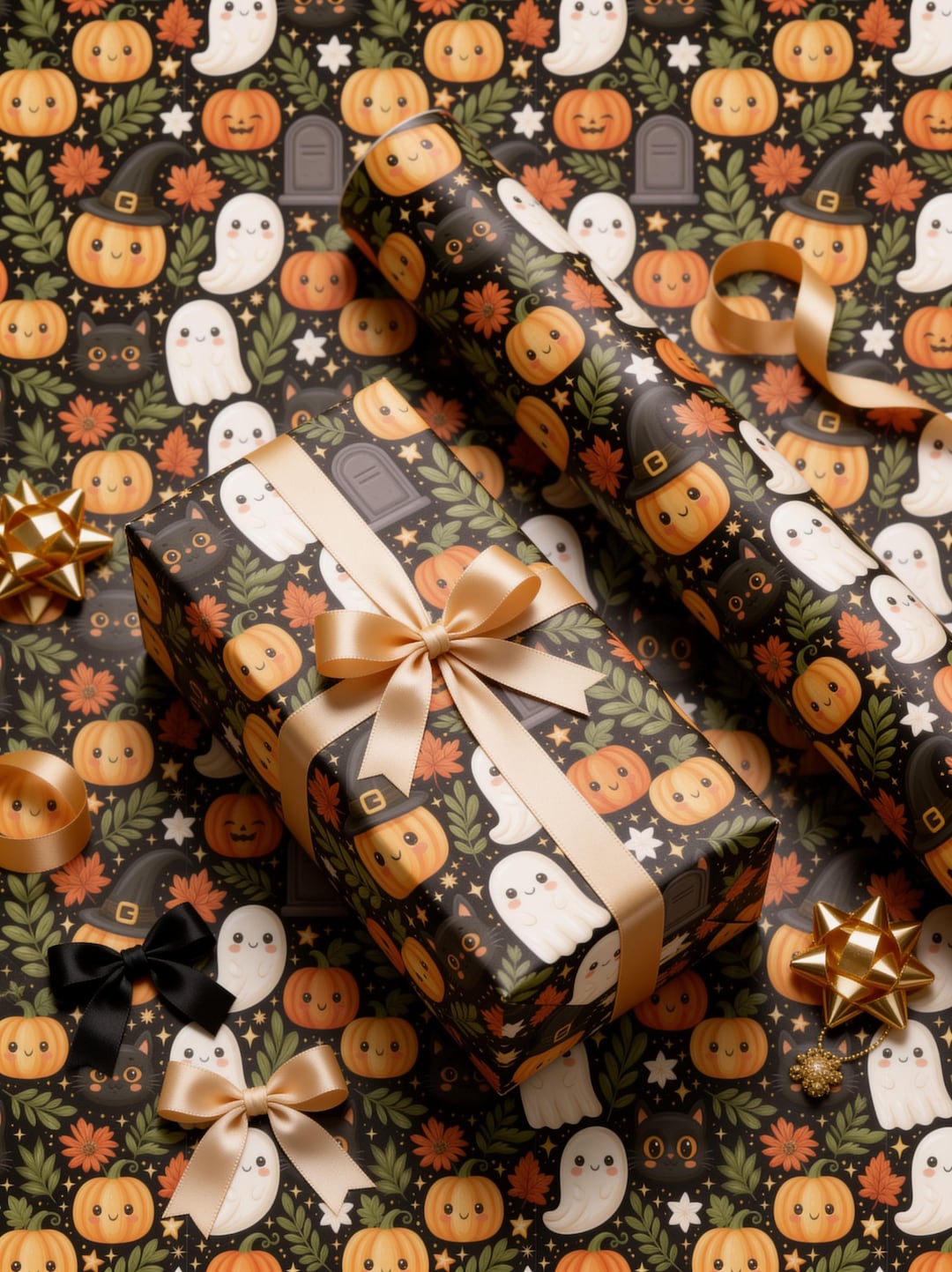 Cute Halloween Wrapping Paper, Ghost Pumpkin Gift Wrap, Black Cat ...