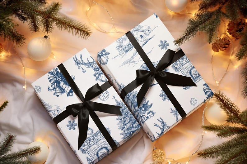 Blue and White Christmas Gift Wrap Roll, Holiday Gift Wrap Sheets ...