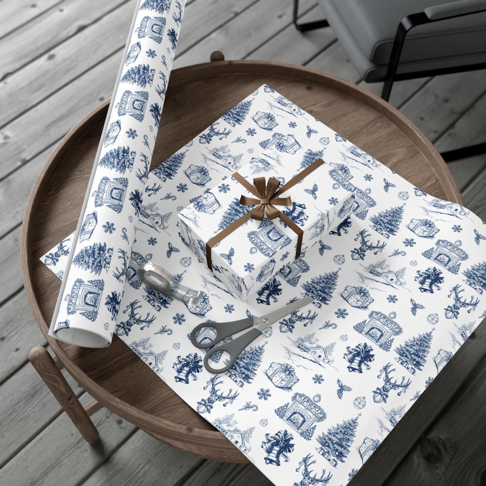 Blue and White Christmas Gift Wrap Roll, Holiday Gift Wrap Sheets ...