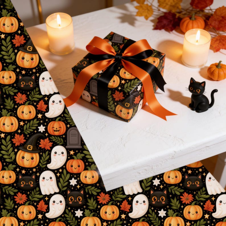 Cute Halloween Wrapping Paper, Ghost Pumpkin Gift Wrap, Black Cat ...