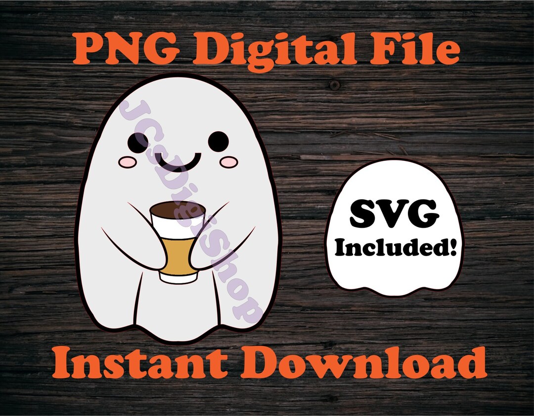Cute Ghost Holding Coffee Cup PNG and SVG Printable Clipart Digital ...