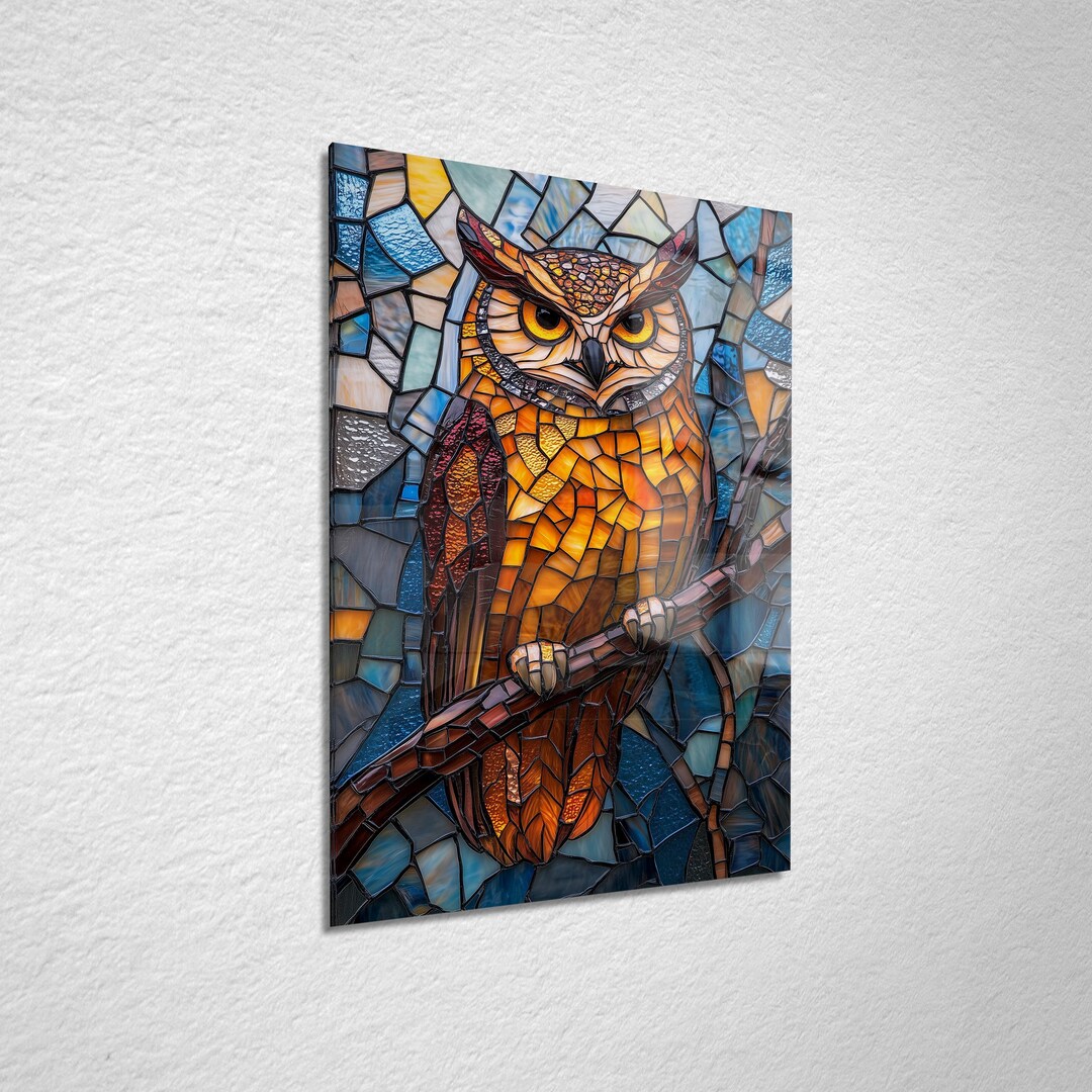 Stained Glass Owl Wall Art on Plexiglass - UV Printed Mosaic Style ...