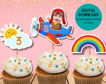 Printable Custom Photo Airplane Cupcake Topper,personalised Face Pilot ...