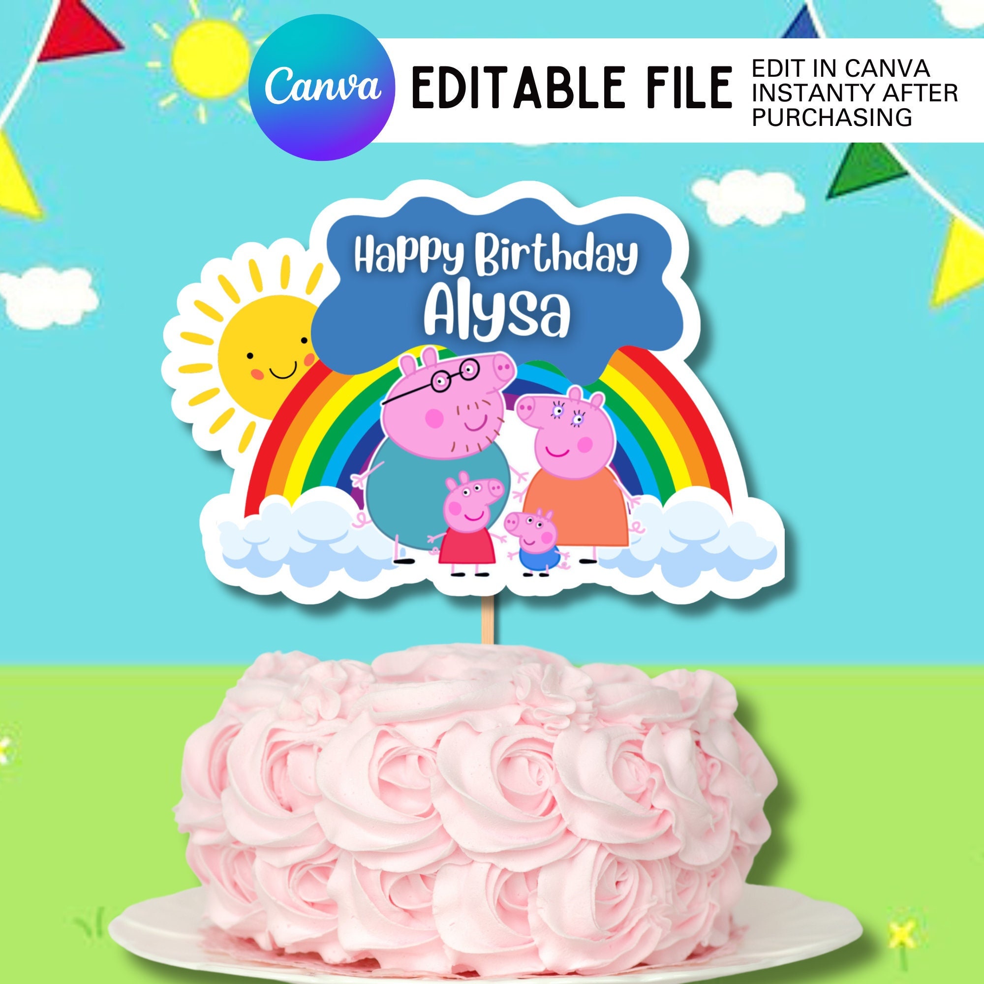 Editable Cute Pink Pig Cake Topper, Birthday Cake Topper, Personalize ...