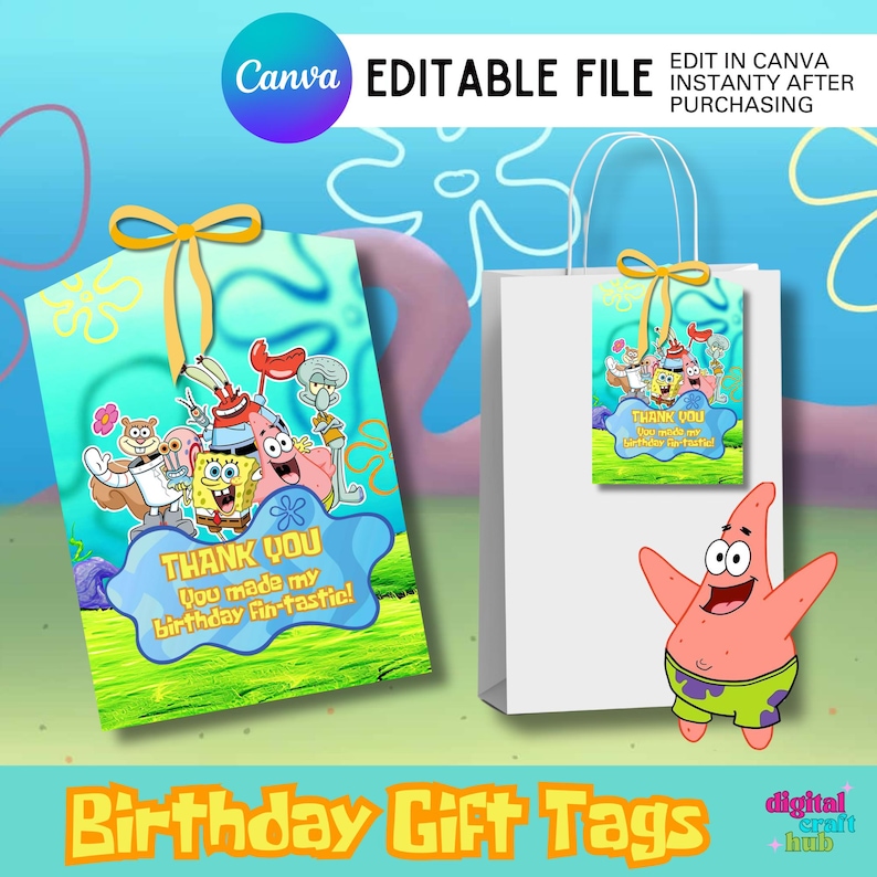 Yellow Sponge Birthday Gift Tags | Under the Sea Party Favors ...
