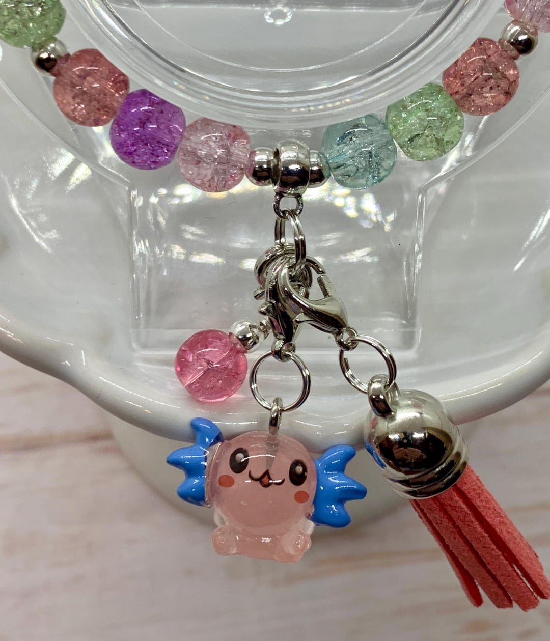Handmade Axolotl Charm Bracelet With Multi-colored Crackle Glass Beads ...