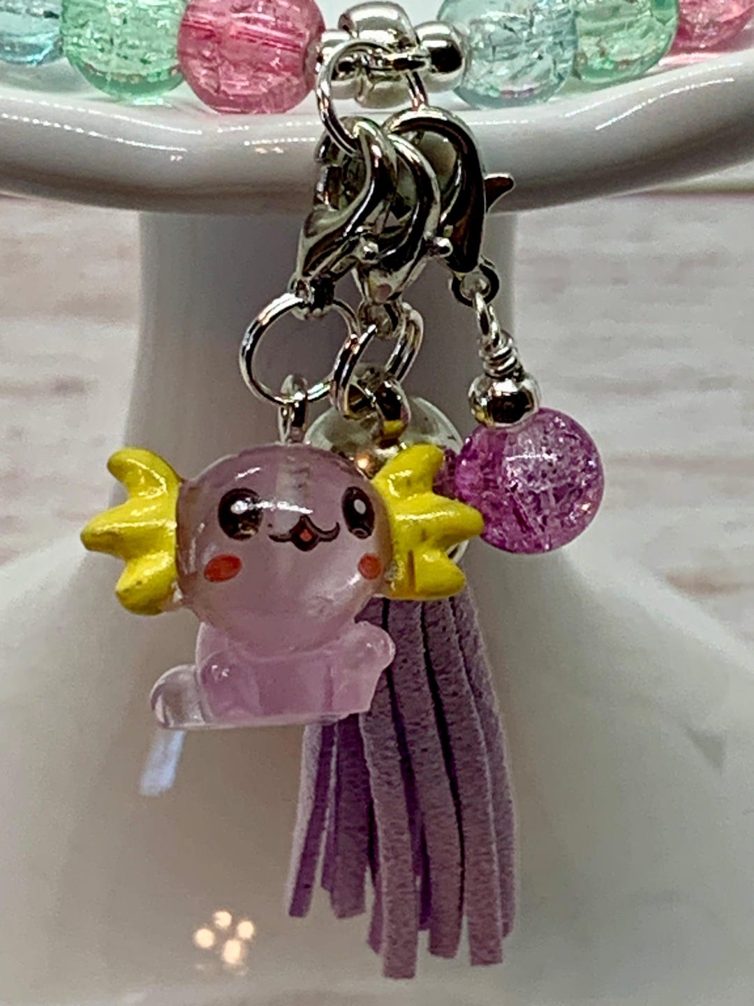 Handmade Axolotl Charm Bracelet With Multi-colored Crackle Glass Beads ...