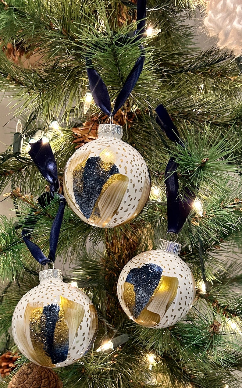 Gold and Blue Hand Painted Beautiful Round Ornaments. Boxed Set of 6 ...