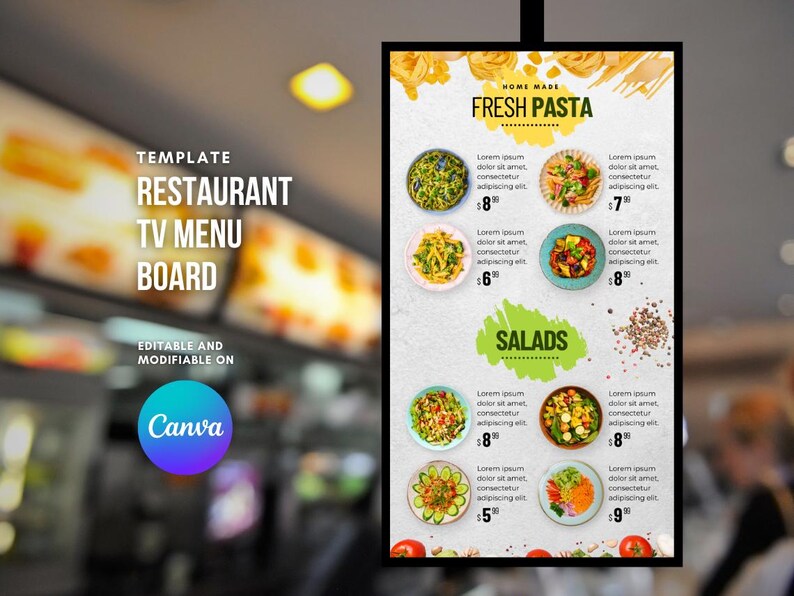Restaurant 4 TV 9/16 Animated Menu Board, Editable on Canva - Etsy