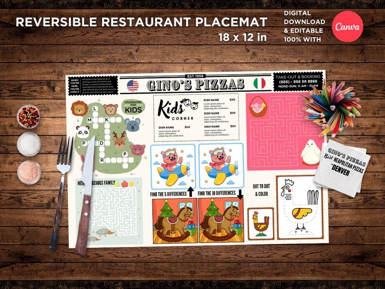 Restaurant Placemat Menu Template: Editable Kid's Games, Diner Menu ...