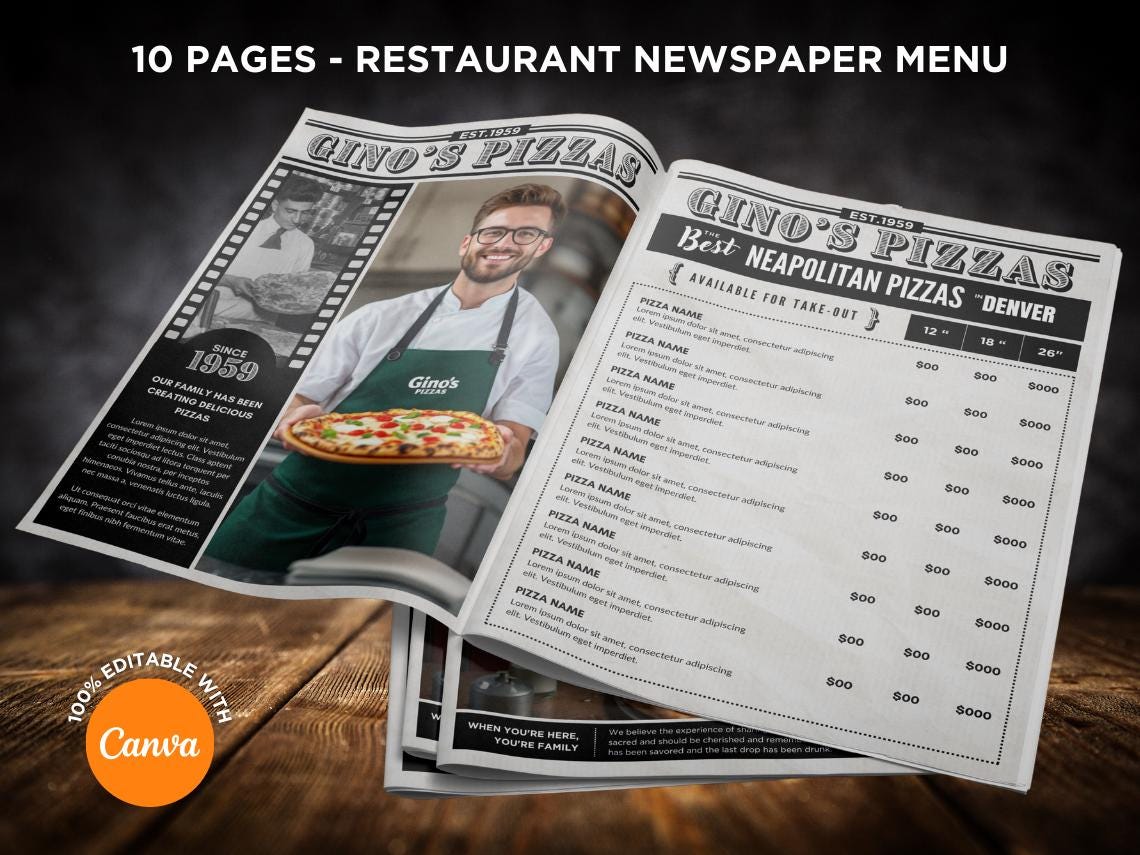 Retro Newspaper Restaurant Menu Template: Editable Diner Menu (digital ...