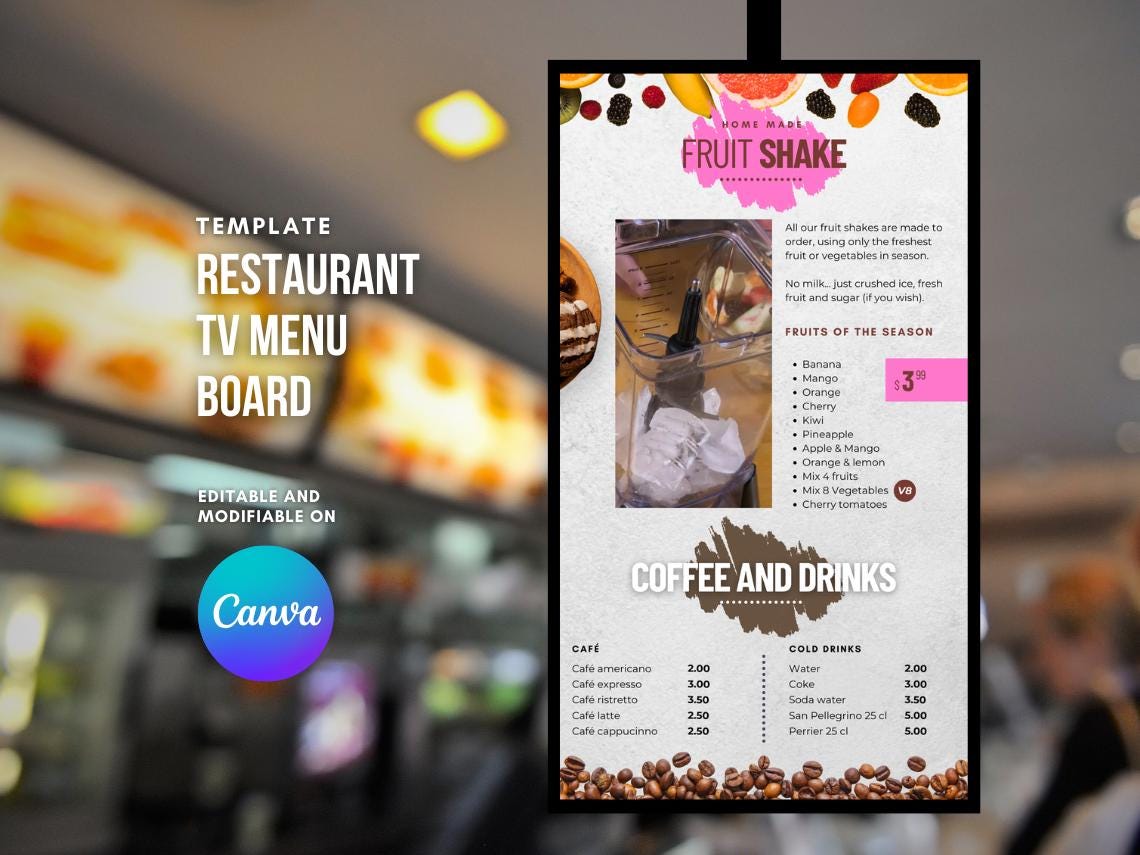 Animated Restaurant TV Menu Boards, Canva Template (digital Download ...
