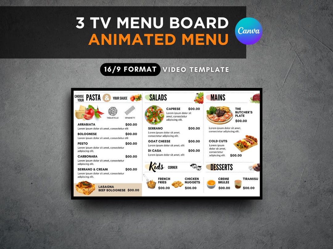 3 Animated TV Menu Boards Canva Template, Digital Restaurant Menu 16:9 ...