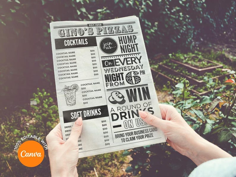 Retro Newspaper Restaurant Menu Template: Editable Diner Menu (digital ...