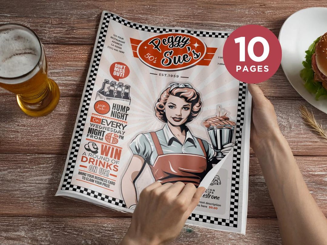 Retro Diner Menu Template, 50s Style, Editable Canva Design (US Letter ...