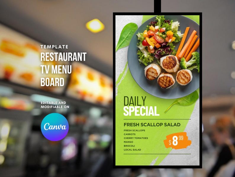 Restaurant 4 TV 9/16 Animated Menu Board, Editable on Canva - Etsy