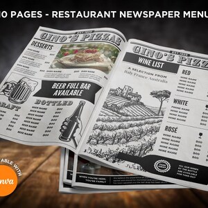 Retro Newspaper Restaurant Menu Template: Editable Diner Menu (digital ...